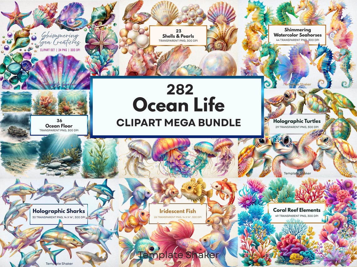 282 Ocean Life PNG Clipart Bundle, Transparent Background, Commercial ...