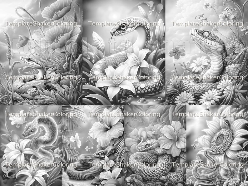 Floral Snake Coloring Book for Adults: Grayscale Reptile Designs ...