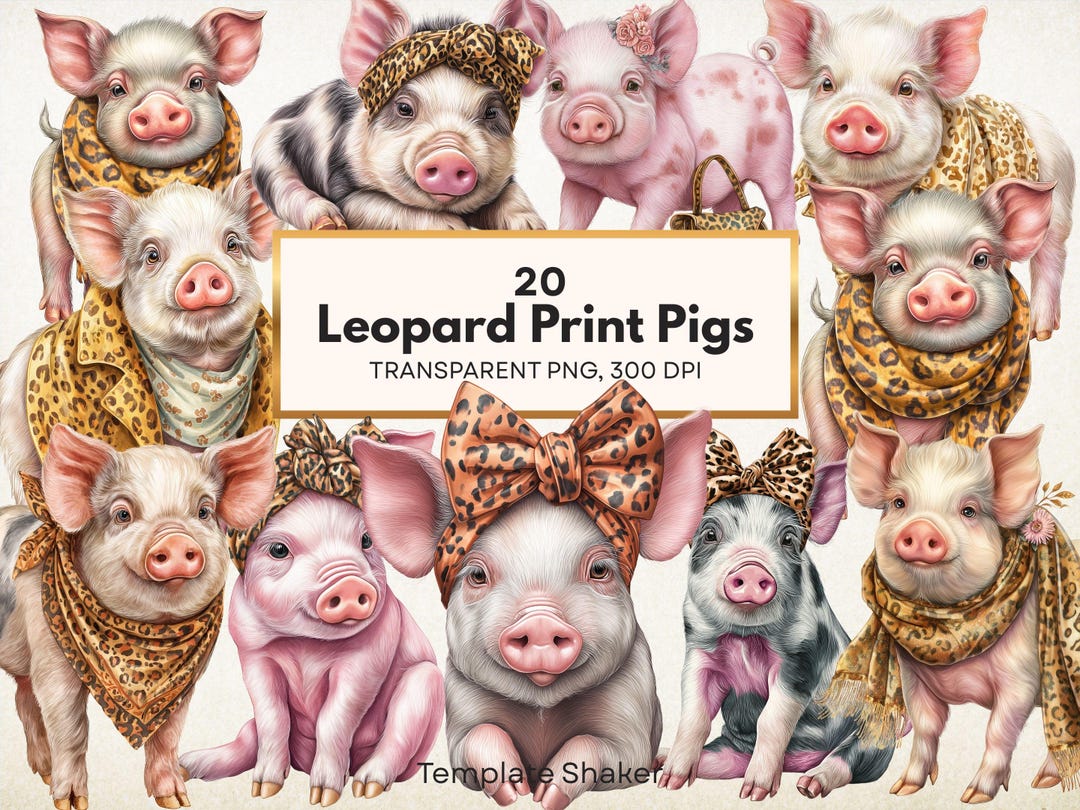 Leopard Print Pigs Clipart Bundle, Transparent PNG Set, Commercial Use ...