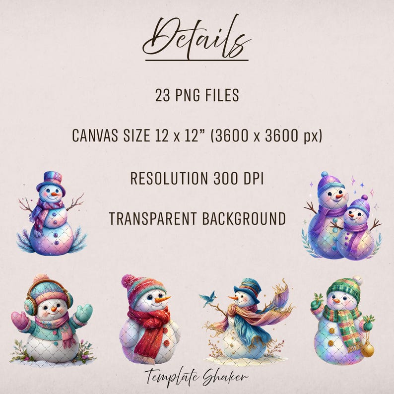 Pastel Snowmen Clipart Bundle, Winter PNG Set, Transparent Background ...