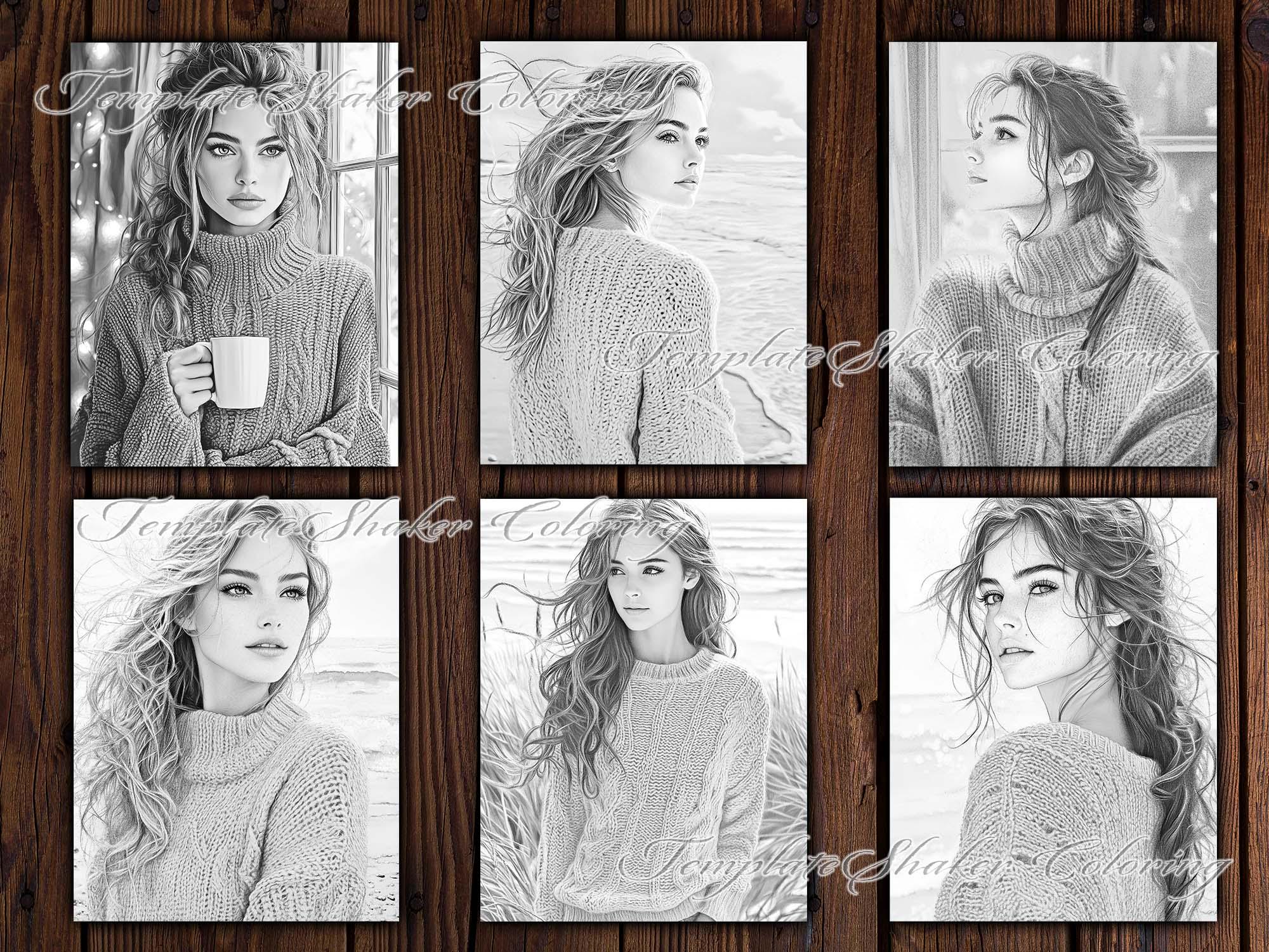 30 Women With Sweaters Coloring Pages, Fall Autumn Grayscale Coloring ...