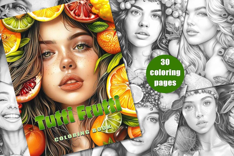 30 Fruity Girls Portraits Fruit Fantasy Grayscale Coloring Book for ...