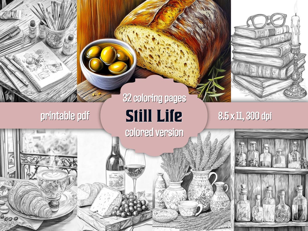32 Still Life Coloring Pages - Grayscale Adult Coloring Book ...