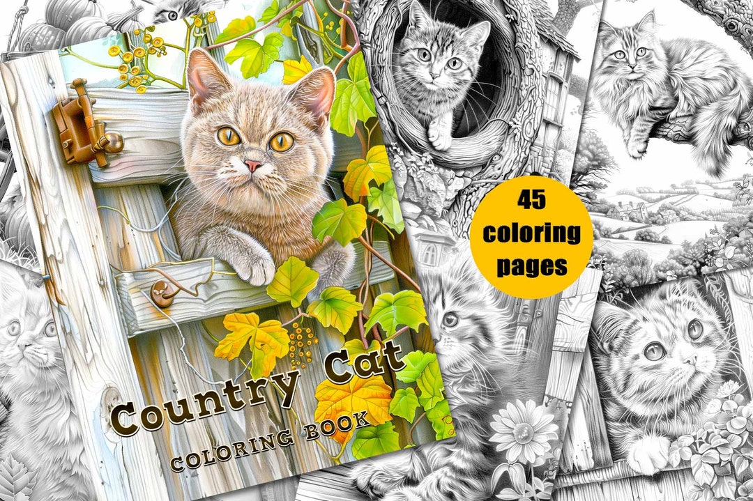 45 Country Cats Coloring Pages - Grayscale Animal Coloring Book for ...