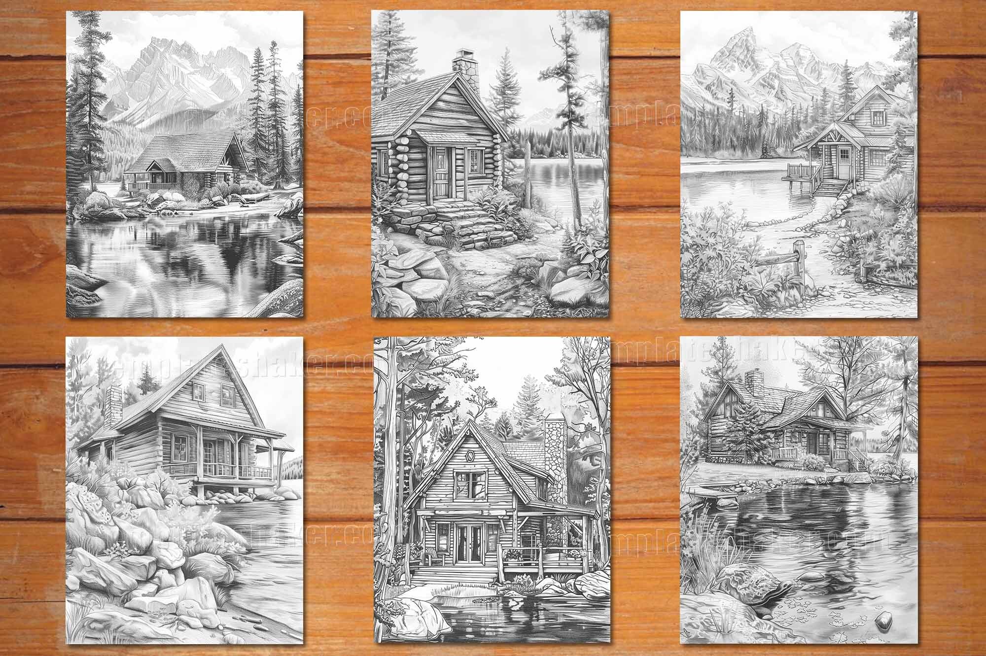 30 Forest Lake Cabin Coloring Pages Grayscale Coloring Book for Adults ...