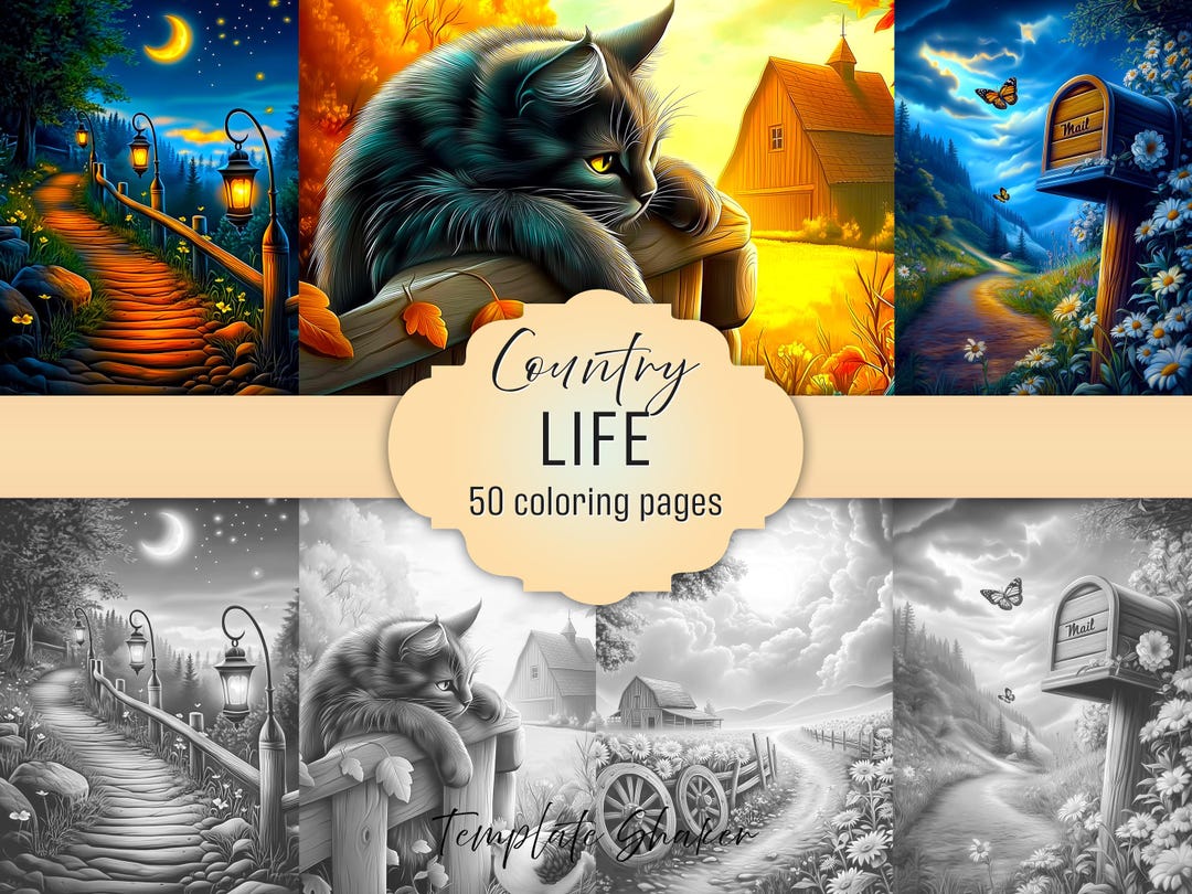Country Life Adult Coloring Book: Grayscale Pages, Rural Scenes ...