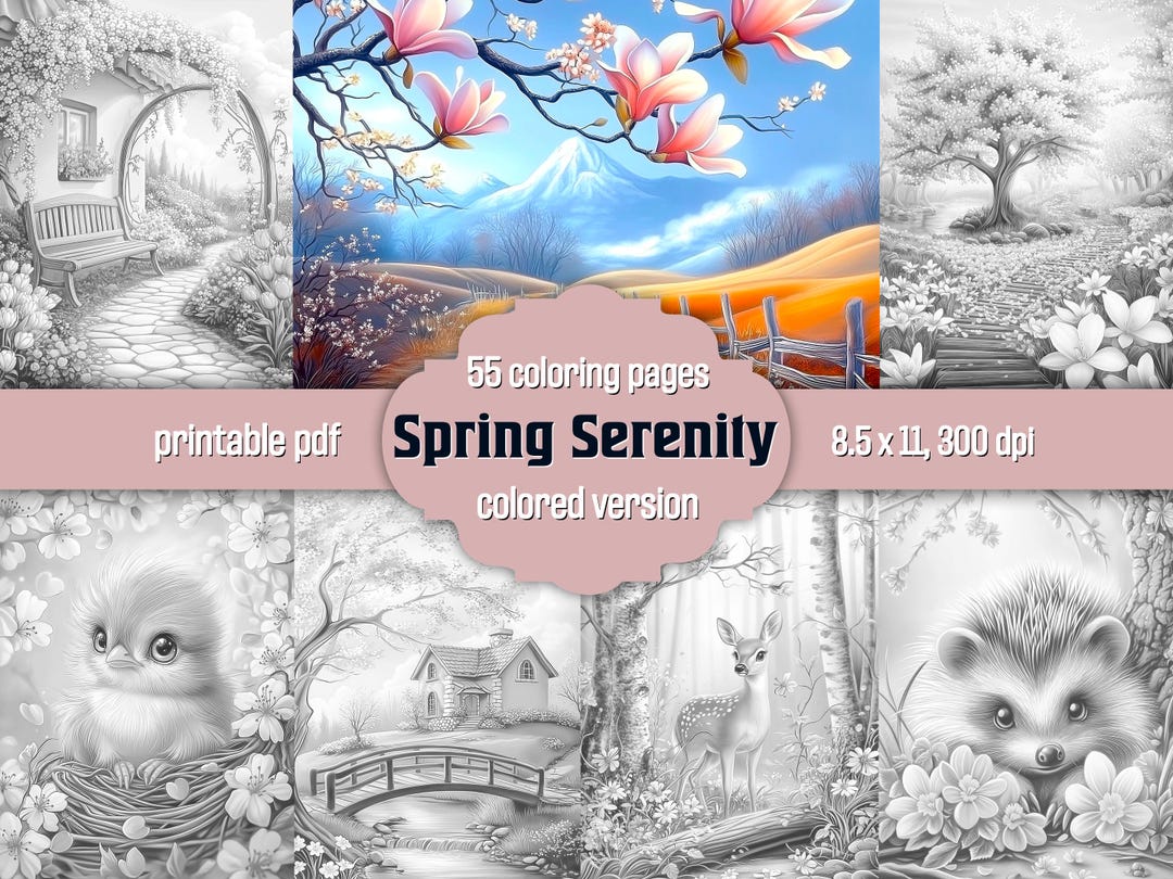 Spring Scenes Coloring Book, 55 Grayscale Coloring Pages, Adult ...