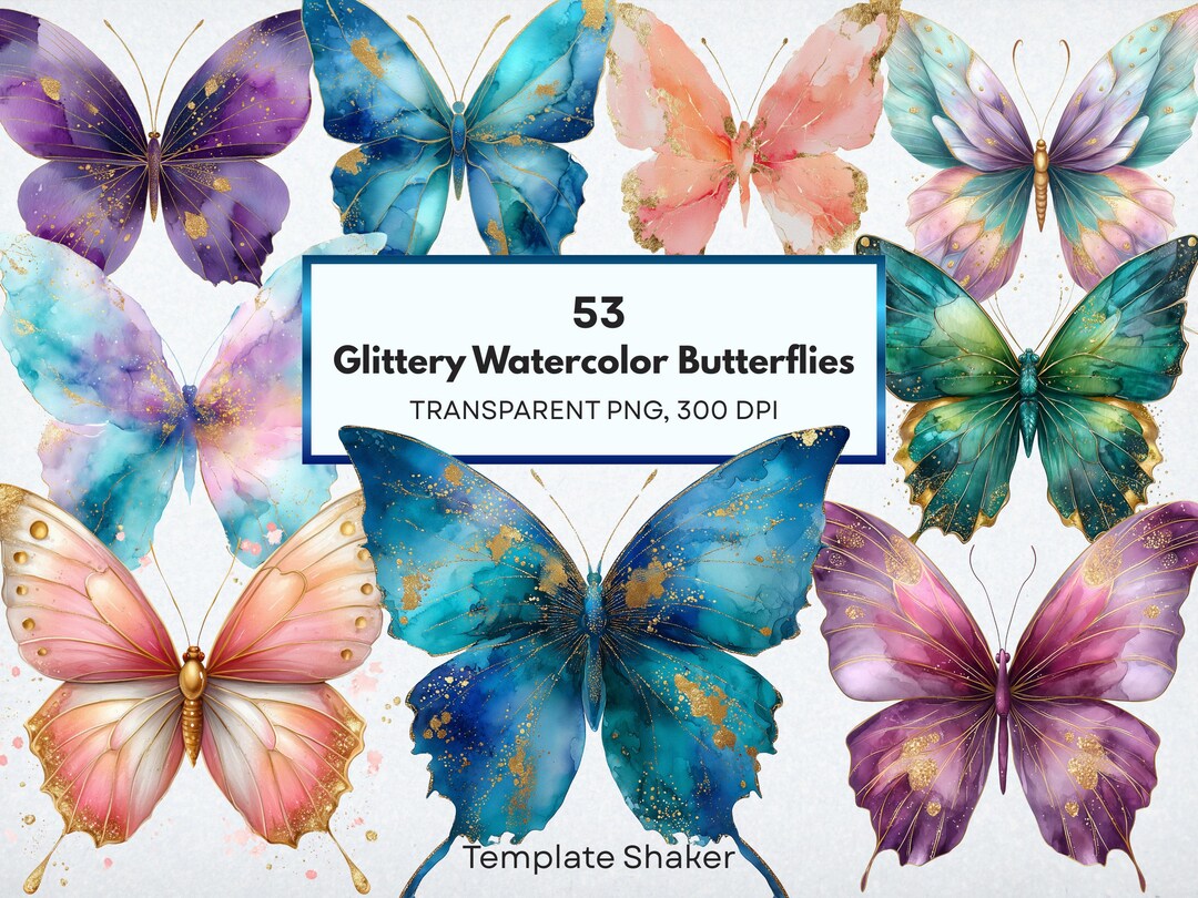 Glittery Watercolor Butterflies Clipart Bundle, Transparent PNG ...