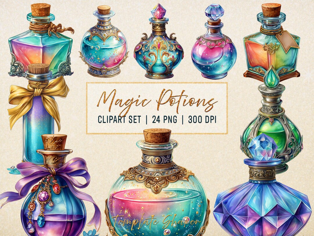 Magic Potions Clipart Bundle, Transparent Background PNG, Commercial ...