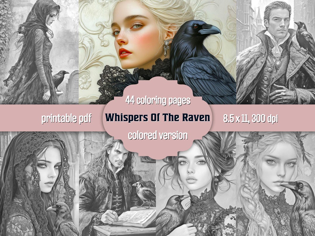 Gothic Portraits With Ravens Coloring Book for Adults Dark Grayscale ...