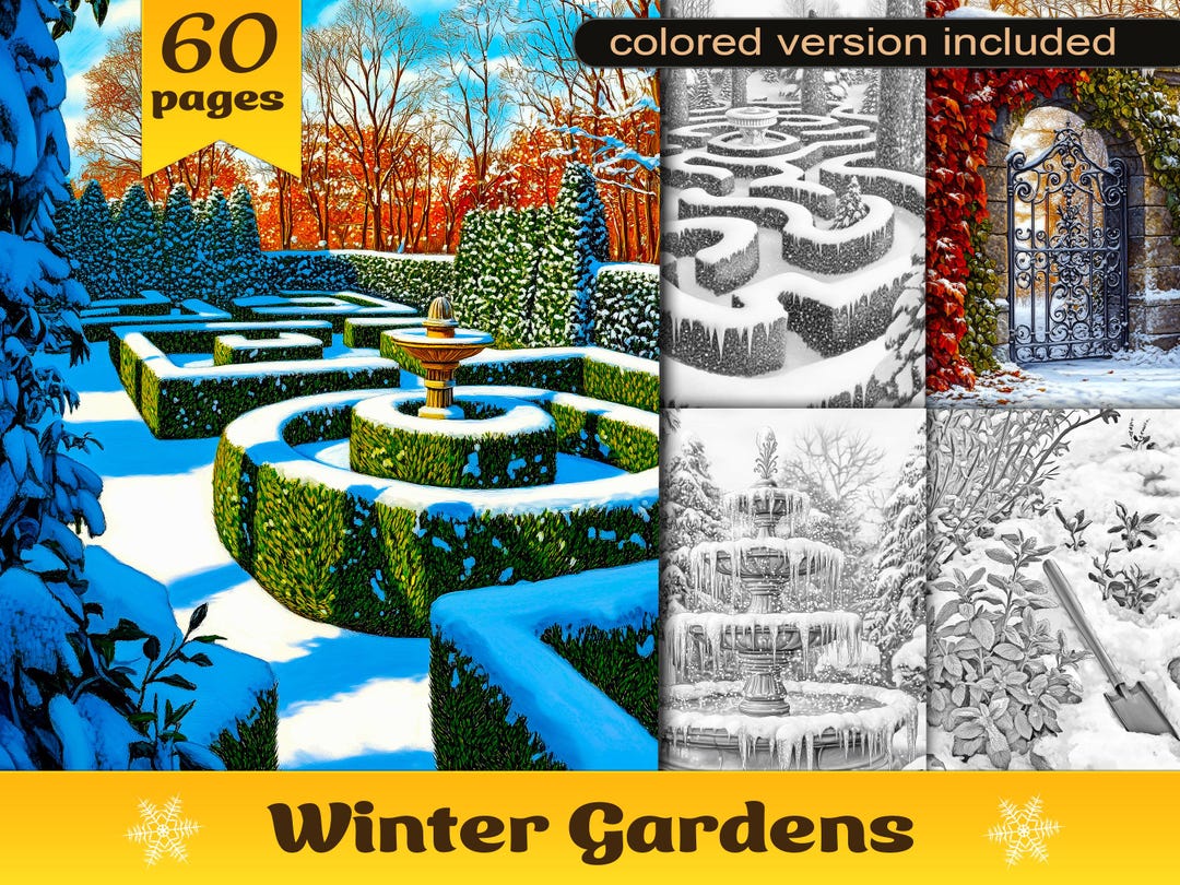 60 Winter Coloring Pages, Winter Gardens Grayscale Coloring Book for ...