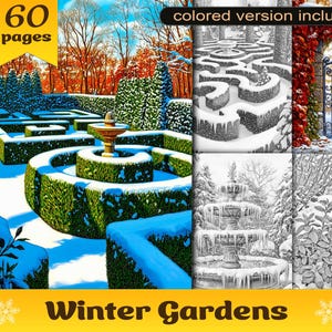 60 Winter Coloring Pages, Winter Gardens Grayscale Coloring Book for ...