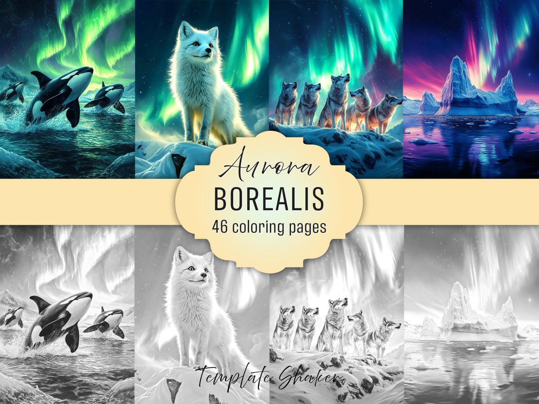 Aurora Borealis Coloring Book: 46 Grayscale Northern Lights Pages ...
