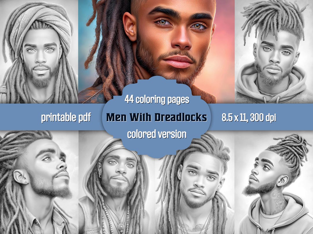Men With Dreadlocks Coloring Book: Grayscale Portrait Pages, Printable ...
