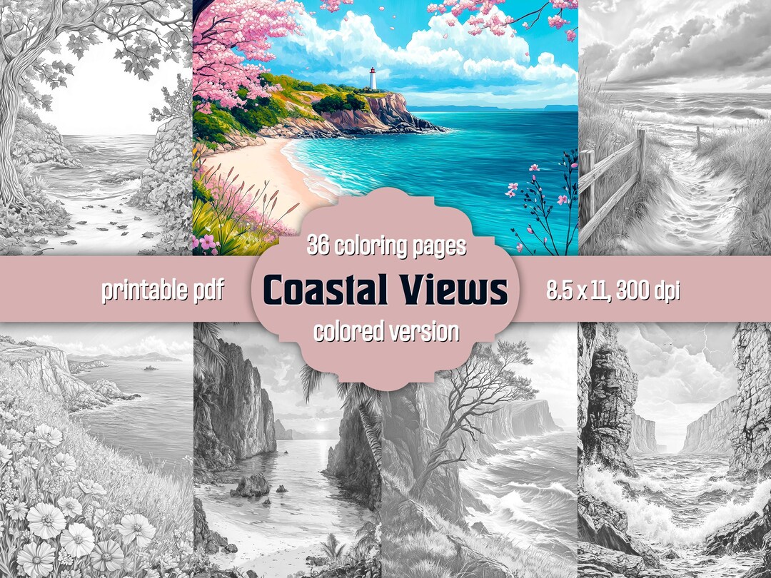 36 Coastal Views Coloring Pages, Seaside Landscape Grayscale Coloring ...