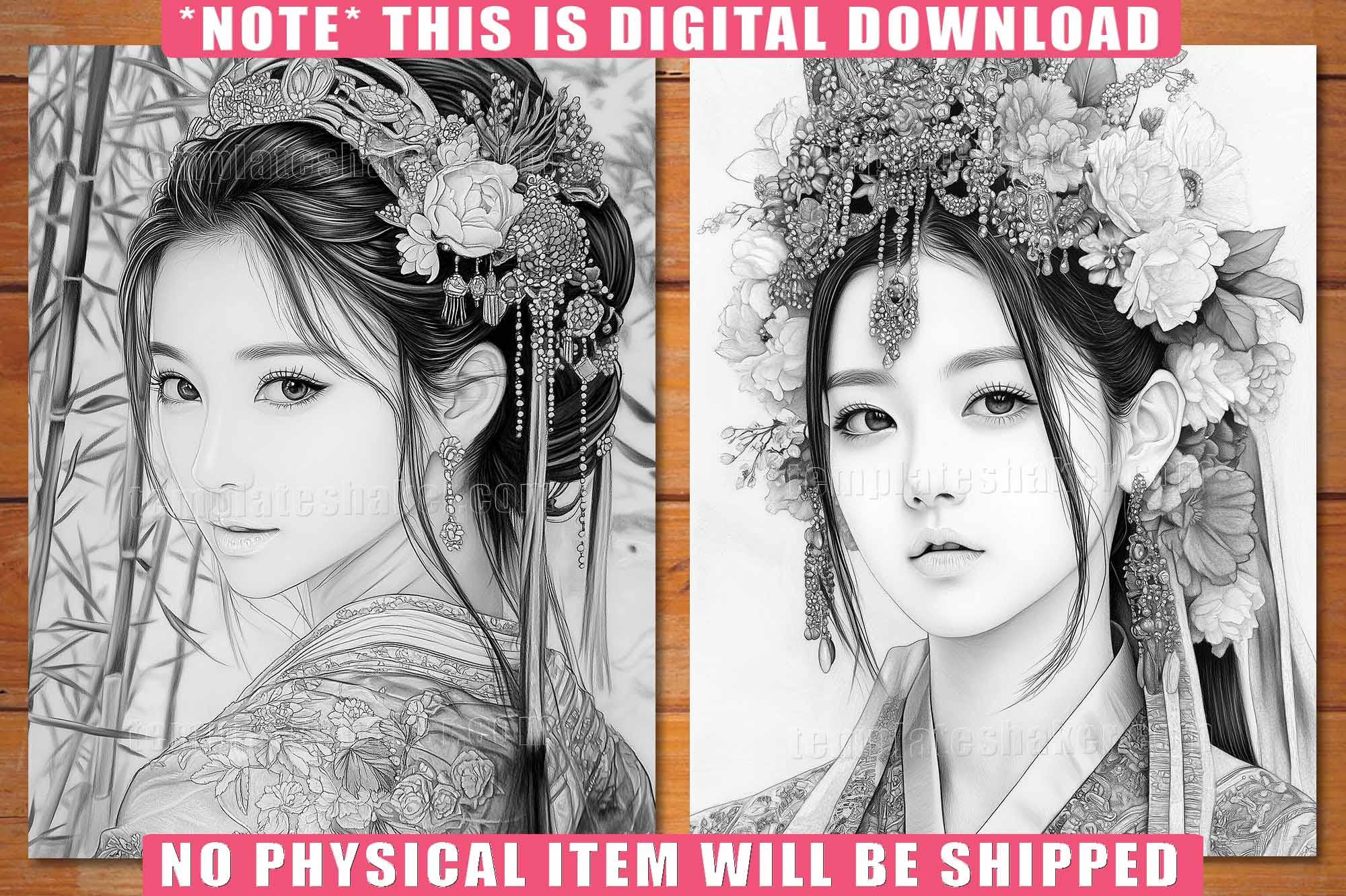 25 Asian Beauties Coloring Pages Grayscale Japanese Woman Coloring Book ...