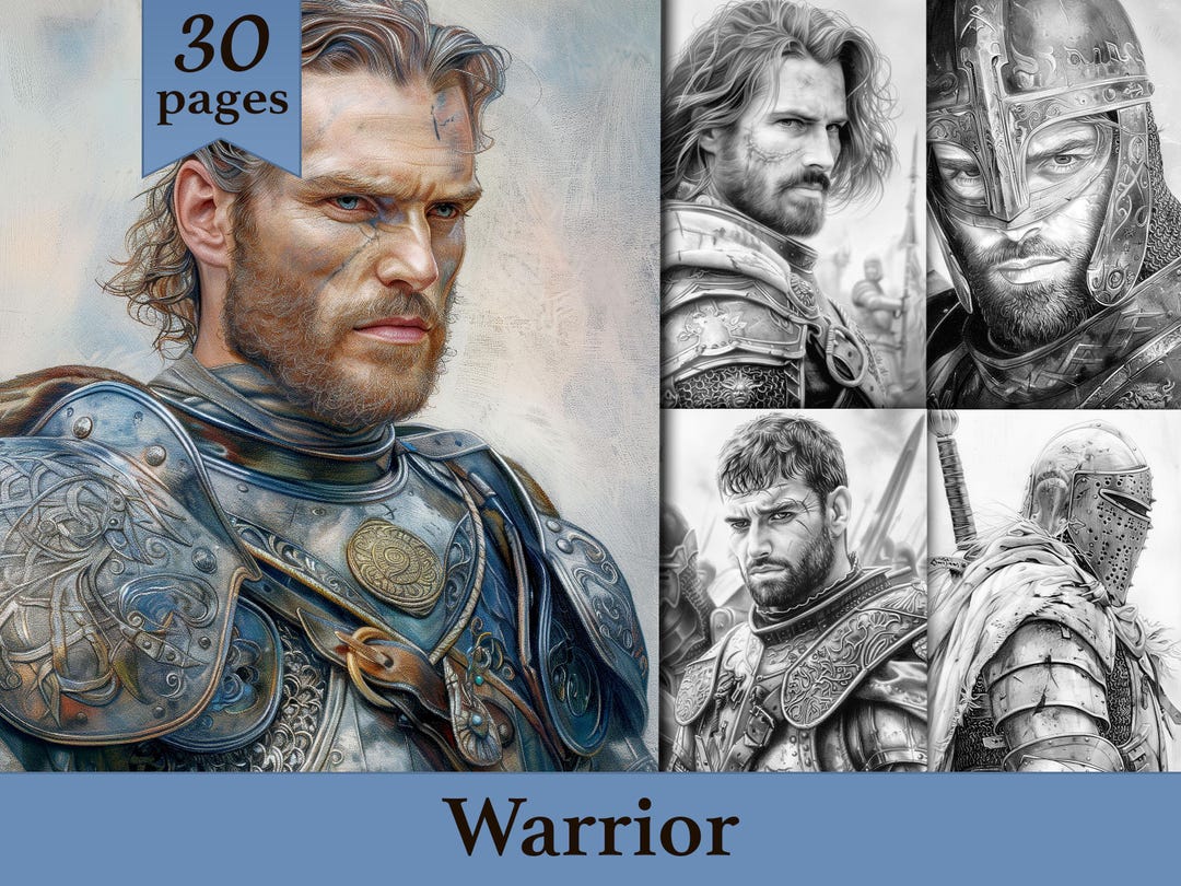 Medieval Warrior Coloring Book: 30 Grayscale Pages (digital Download ...