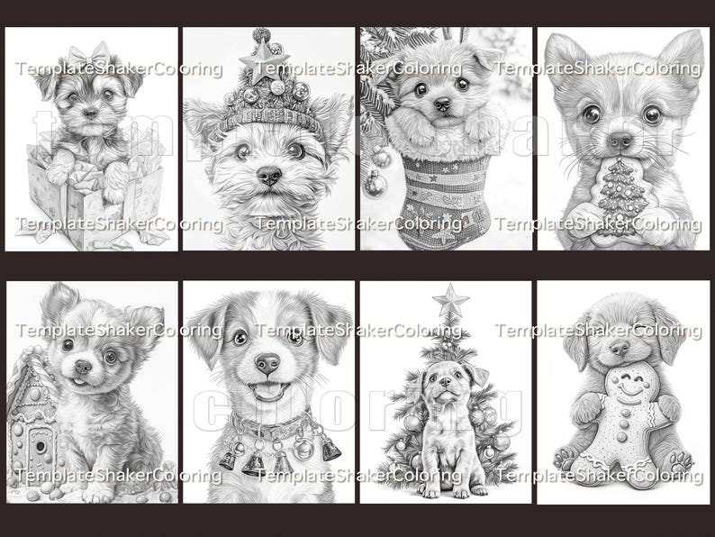 Christmas Puppies Coloring Book: 30 Festive Grayscale Pages, Printable ...
