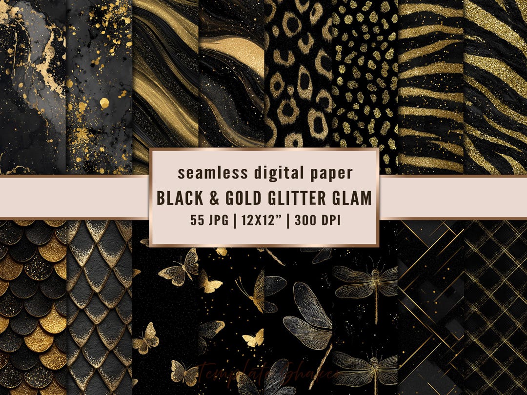 Black & Gold Glitter Glam Seamless Digital Paper, 55 JPG Set ...