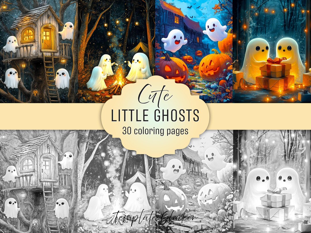 Cute Little Ghosts Coloring Book, Halloween Fantasy Grayscale Pages ...