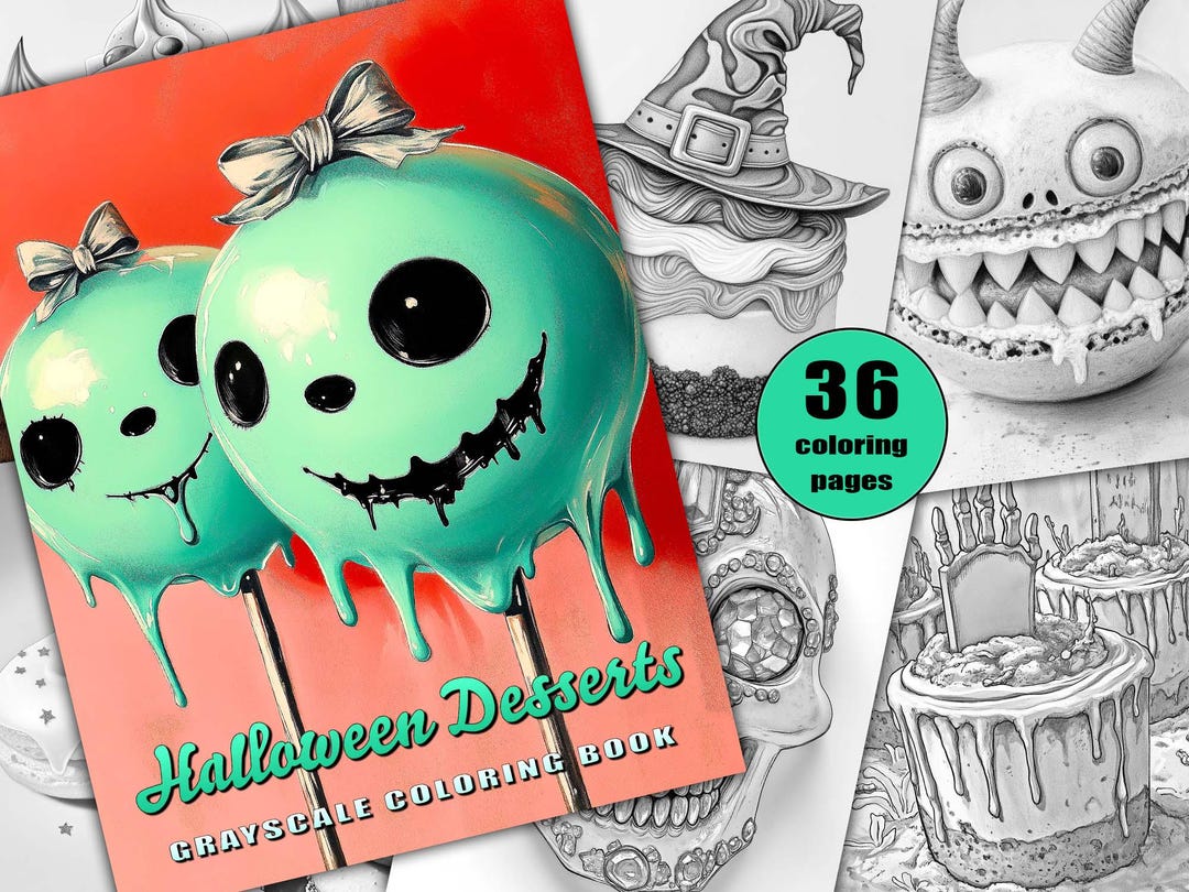 36 Halloween Desserts Coloring Pages, Spooky Sweets Grayscale Coloring ...