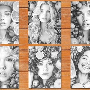 30 Fruity Girls Portraits Fruit Fantasy Grayscale Coloring Book for ...