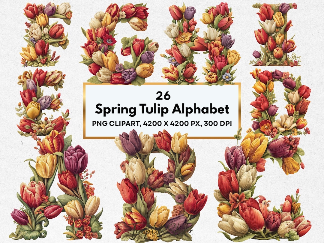 Tulip Floral Alphabet Clipart PNG, Spring Botanical Letters, Commercial ...