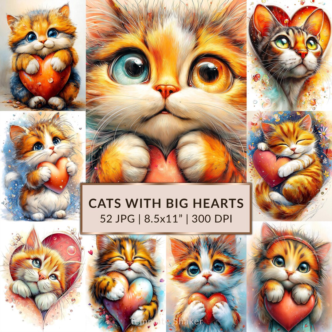 Cats With Big Hearts Digital Paper Set, 8.5x11 JPG Printable Art Pages ...