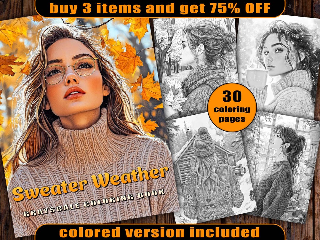 30 Women With Sweaters Coloring Pages, Fall Autumn Grayscale Coloring ...