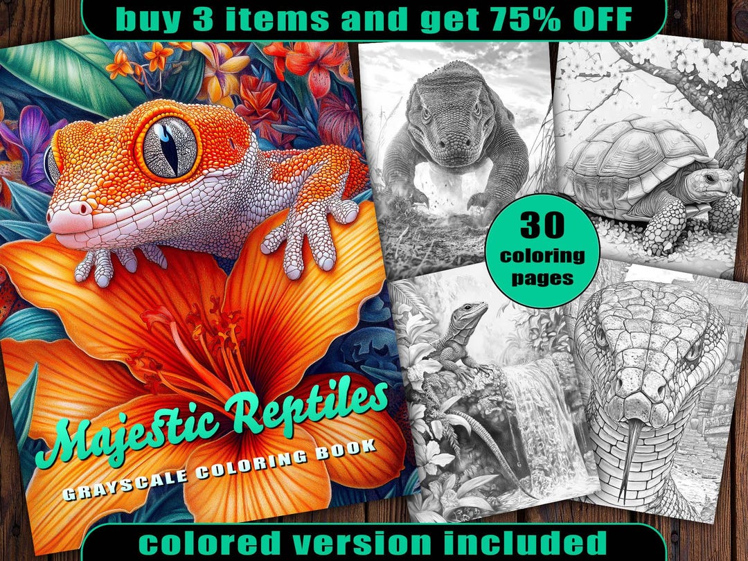 30 Reptiles Coloring Pages, Lizards Grayscale Coloring Book for Adults ...