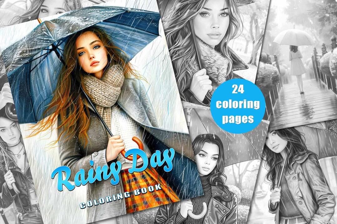 24 Rainy Day Coloring Pages - Grayscale Coloring Book for Adults ...