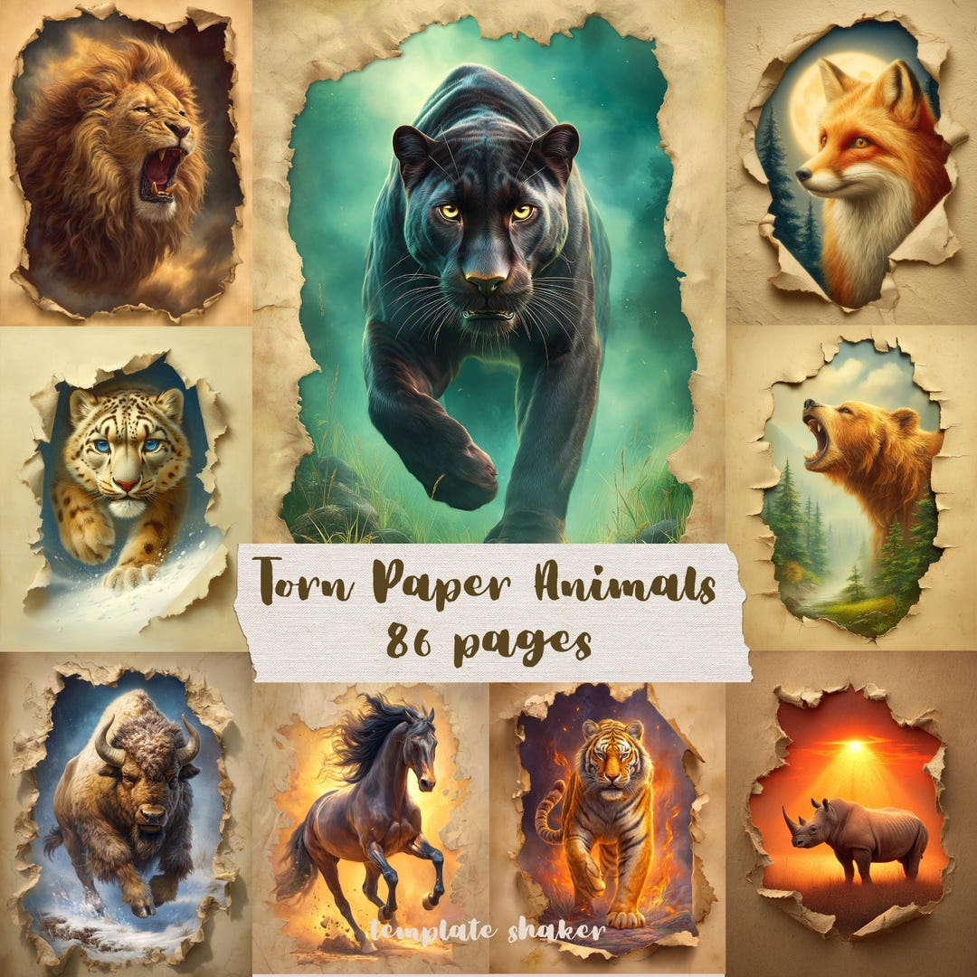 Torn Paper Animals Printable Art Pages, 8.5x11 JPG, Digital Paper Pack ...
