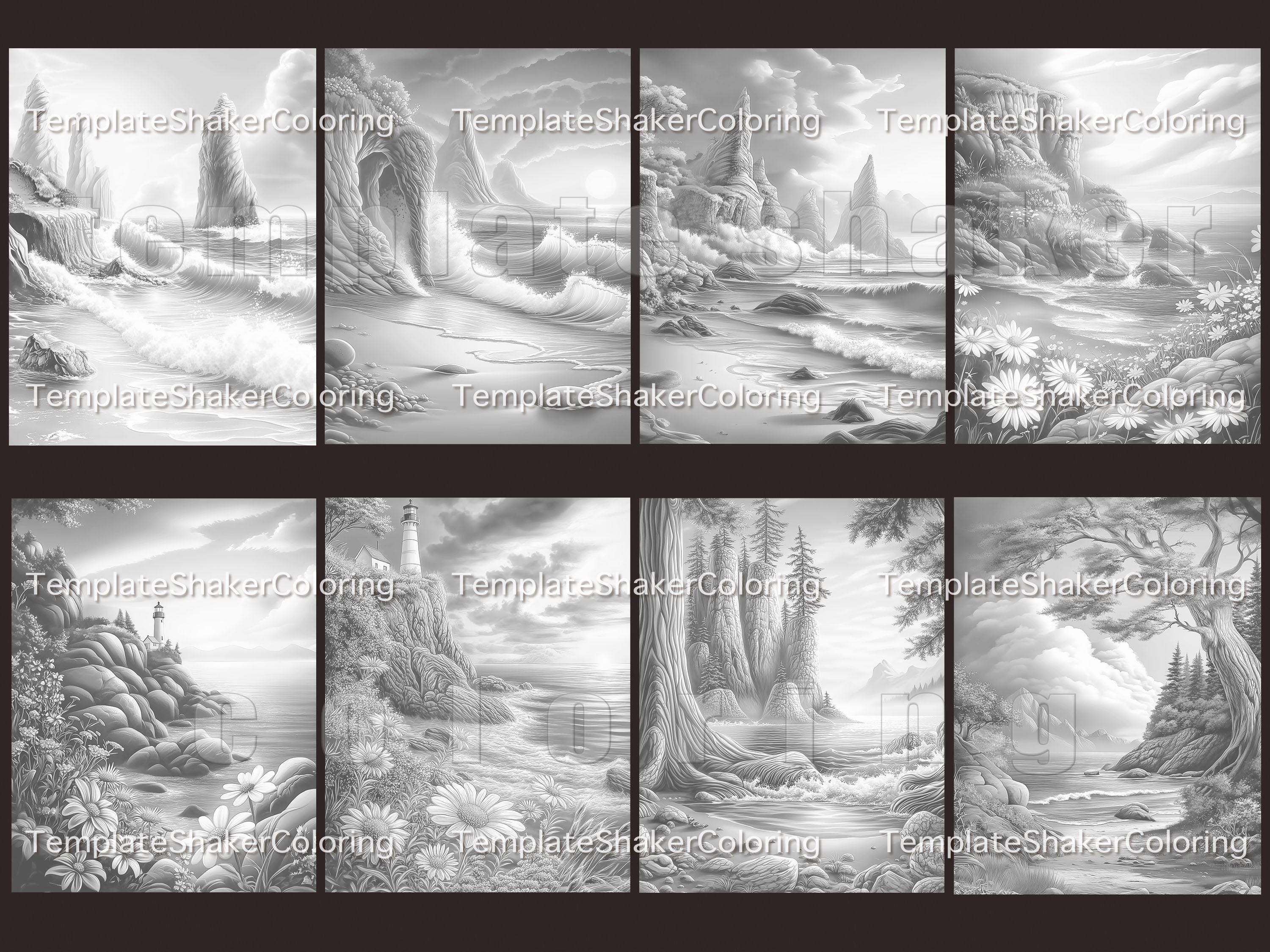 Beaches Grayscale Coloring Book: Grayscale Adult Pages, Seaside ...