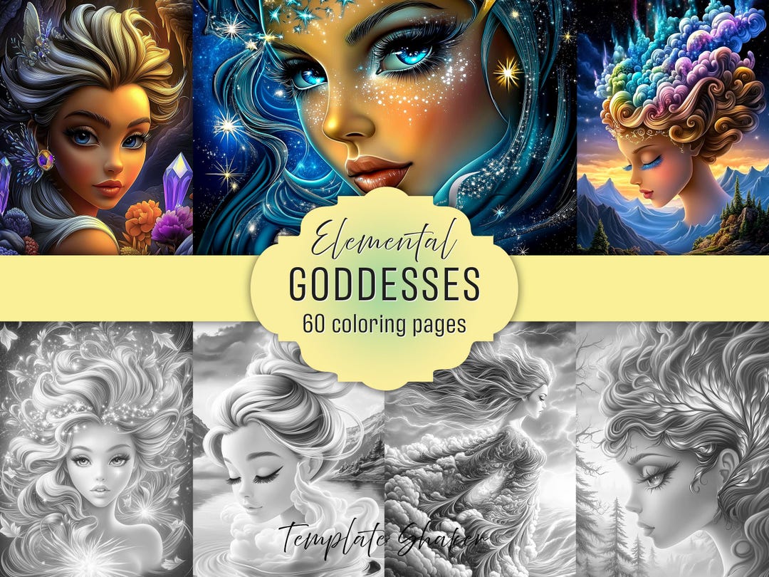 Elemental Goddesses Adult Coloring Book: Grayscale Pages, Fantasy ...