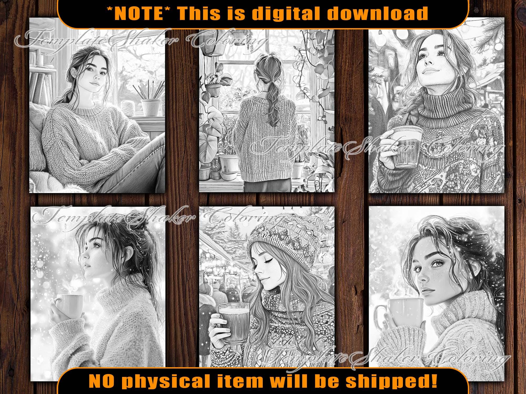 30 Women With Sweaters Coloring Pages, Fall Autumn Grayscale Coloring ...