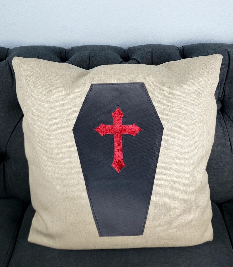 Gothic Vampire Coffin Applique Linen Pillows With Crushed Red Velour ...