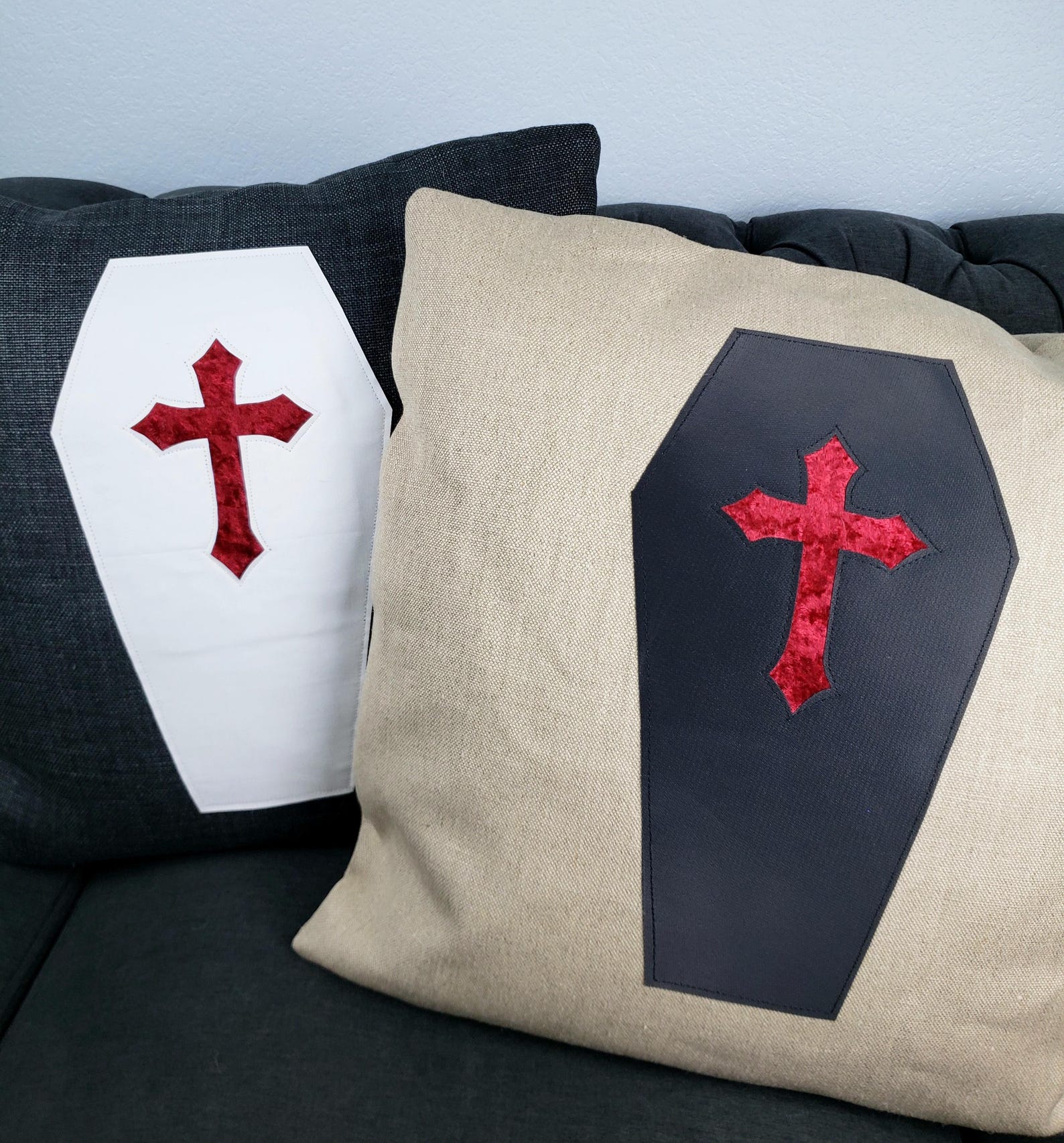 Gothic Vampire Coffin Applique Linen Pillows With Crushed Red Velour ...