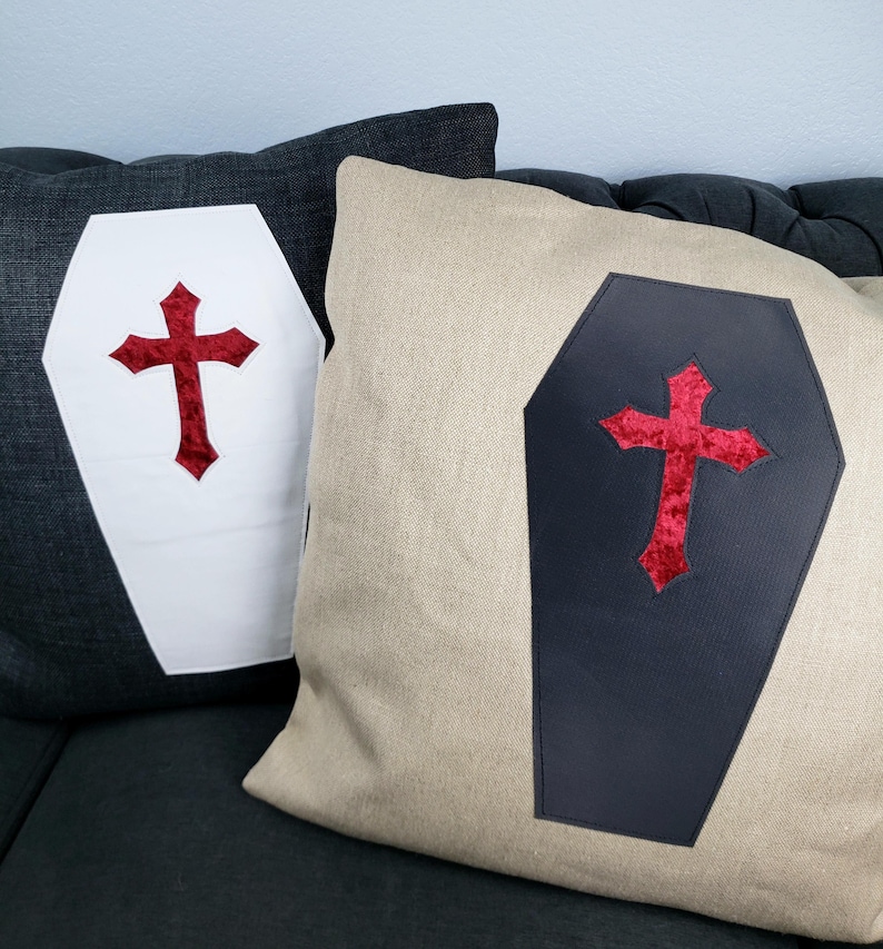 Gothic Vampire Coffin Applique Linen Pillows With Crushed Red Velour ...