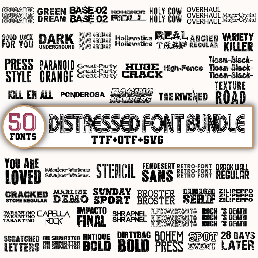 50 Distressed Font Bundle, Vintage Grunge (TTF, OTF, SVG) - Etsy