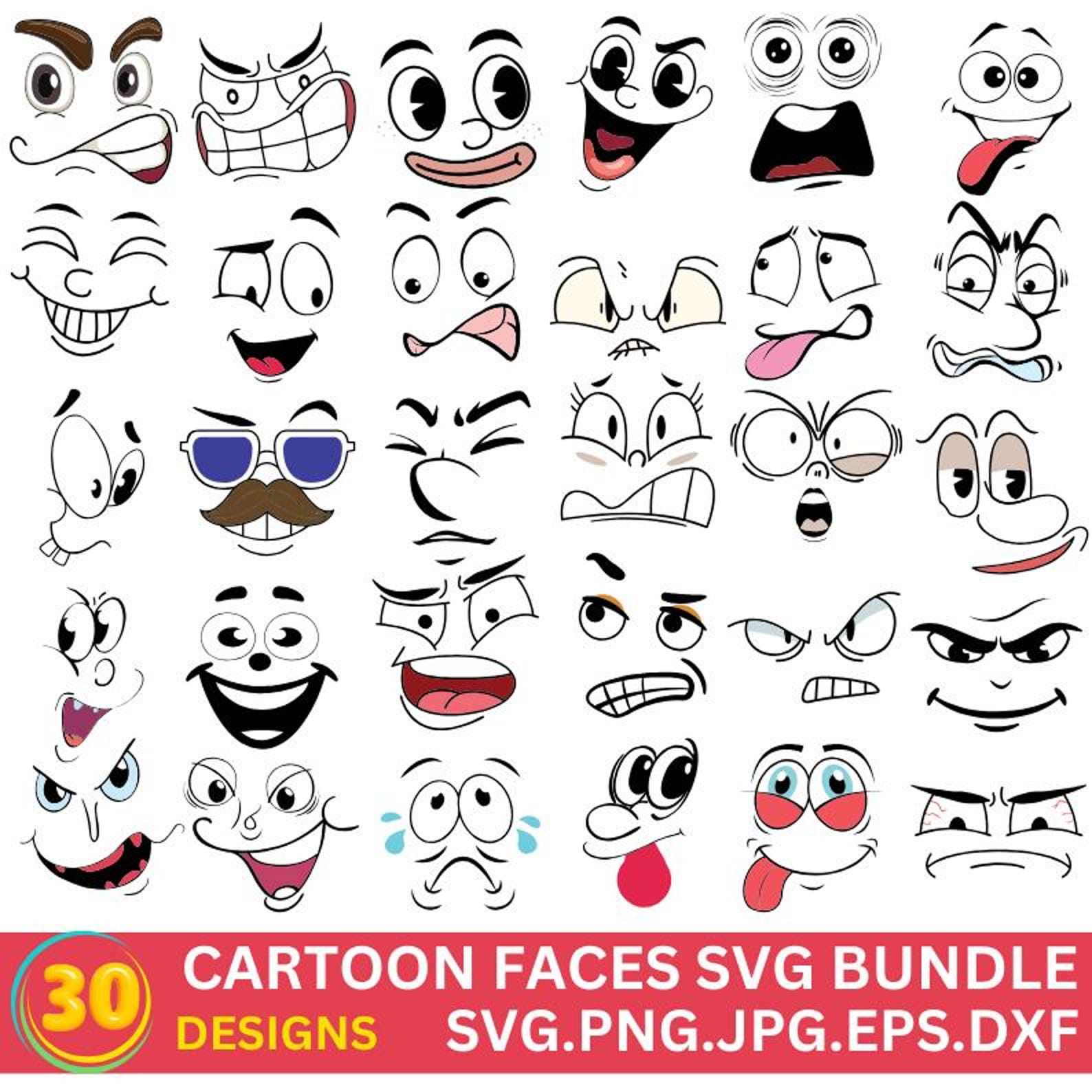Cartoon Emotion Faces SVG Bundle: Funny Kawaii Clipart (30 Designs) - Etsy
