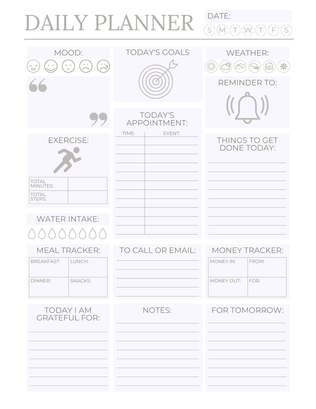 Printable Daily Planner 4 Designs Minimalist Planner One Page Planner ...