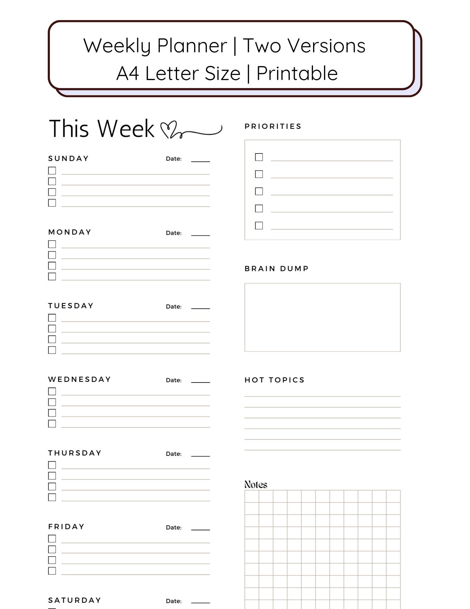 Printable Weekly Planner | Minimalist Planner | One Page Planner ...