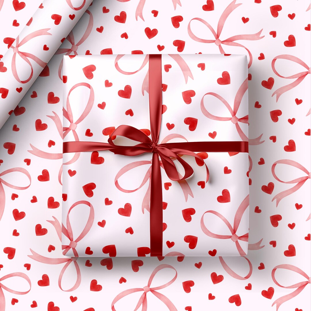 Bow and Heart Paper Wrapping Valentines Day Gift Wrap Papers Love Era ...