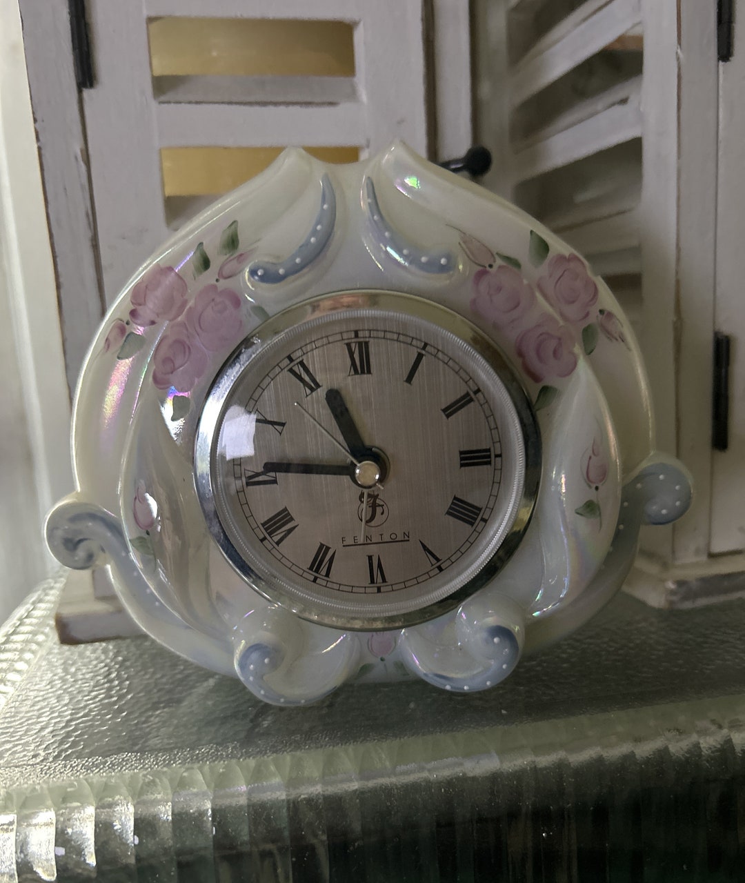 Hand Painted Fenton Milk Glass Table Clock With Signature Floral 80's ...