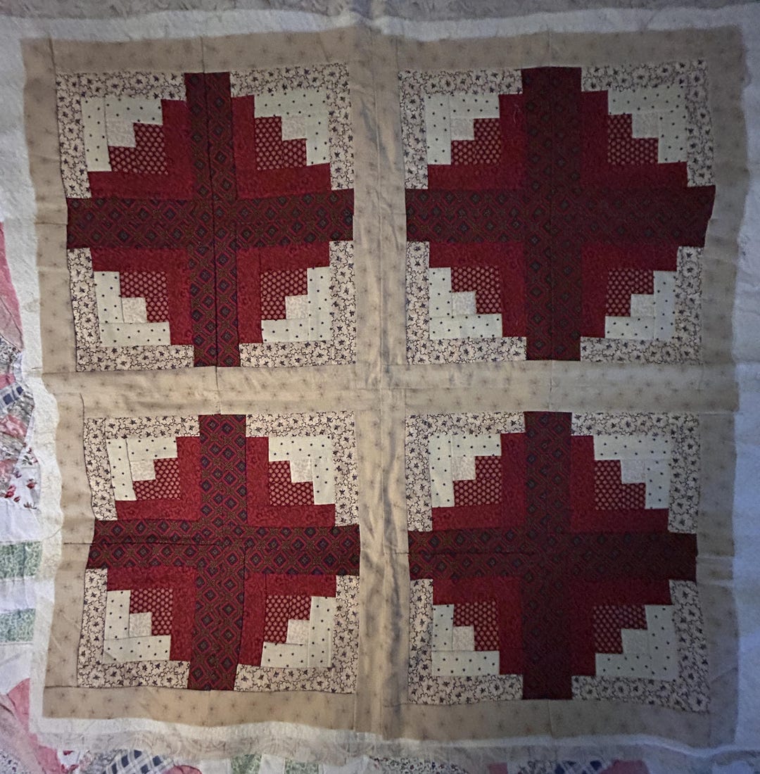 Vintage Quilt Block Patchwork Log Cabin Red Quilt Top Center Ready to ...