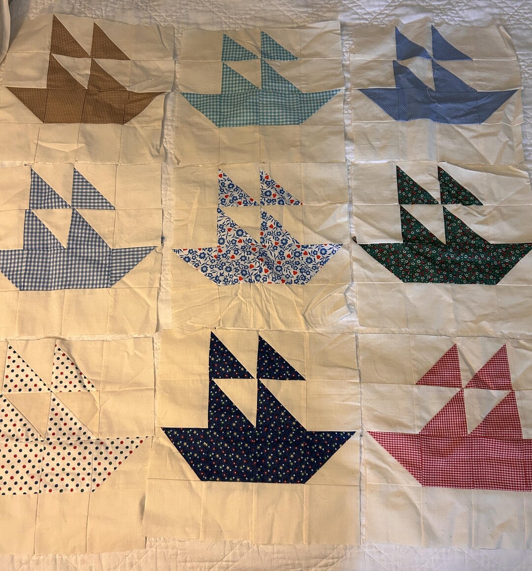 Set of 9 Vintage Sail Boat Quilt Blocks Patchwork Ready to Finish - Etsy