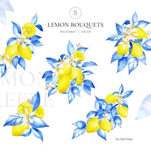 Lemon Watercolor Clipart - Lemon and Blue Leaves Clip Art Collection ...