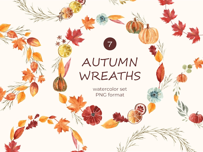 Watercolor Autumn Wreaths Clipart: Fall Leaves & Pumpkins (PNG) - Etsy