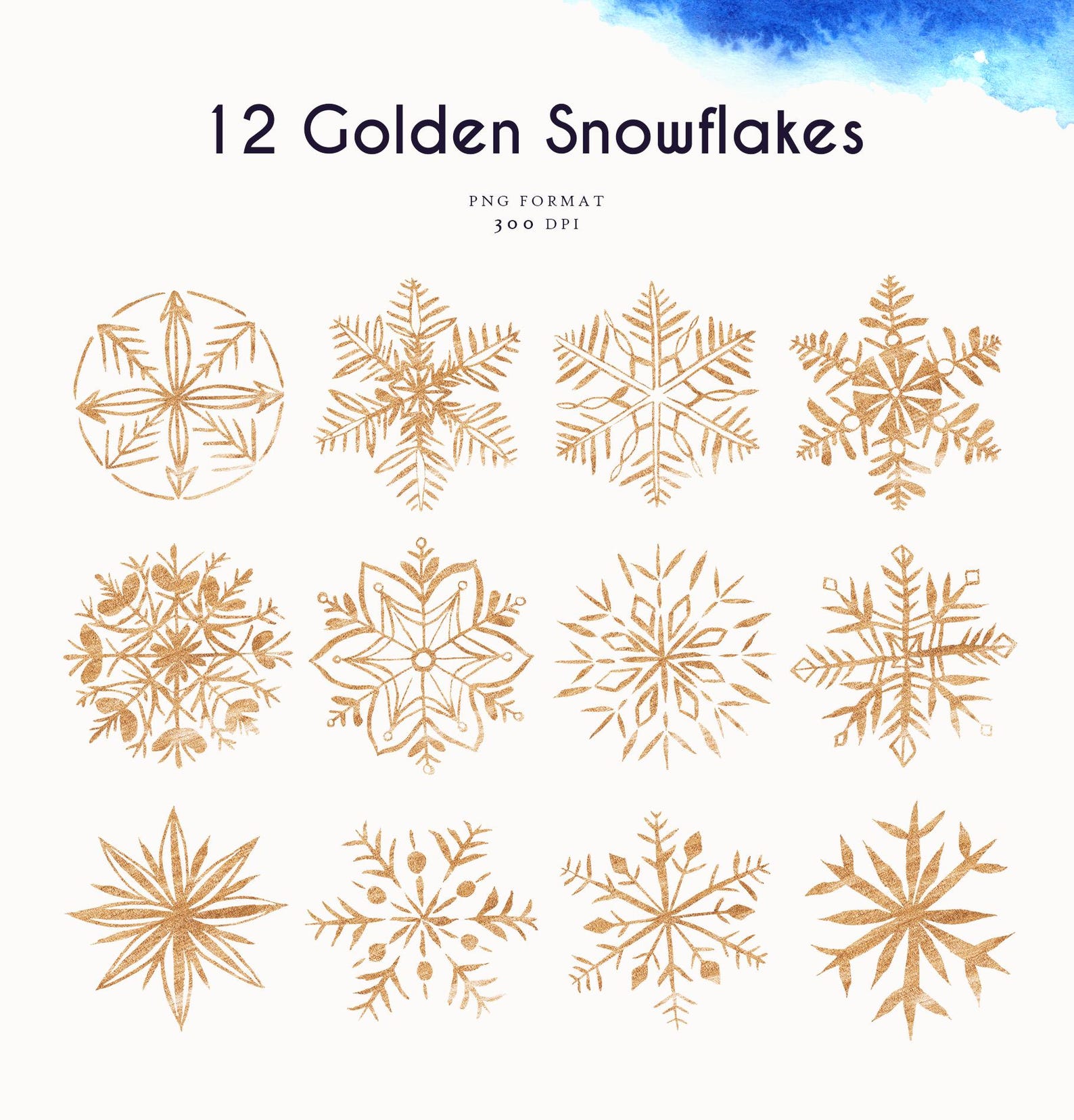 Snowflakes Clip Art - Winter Watercolor Clipart - Blue and Gold ...