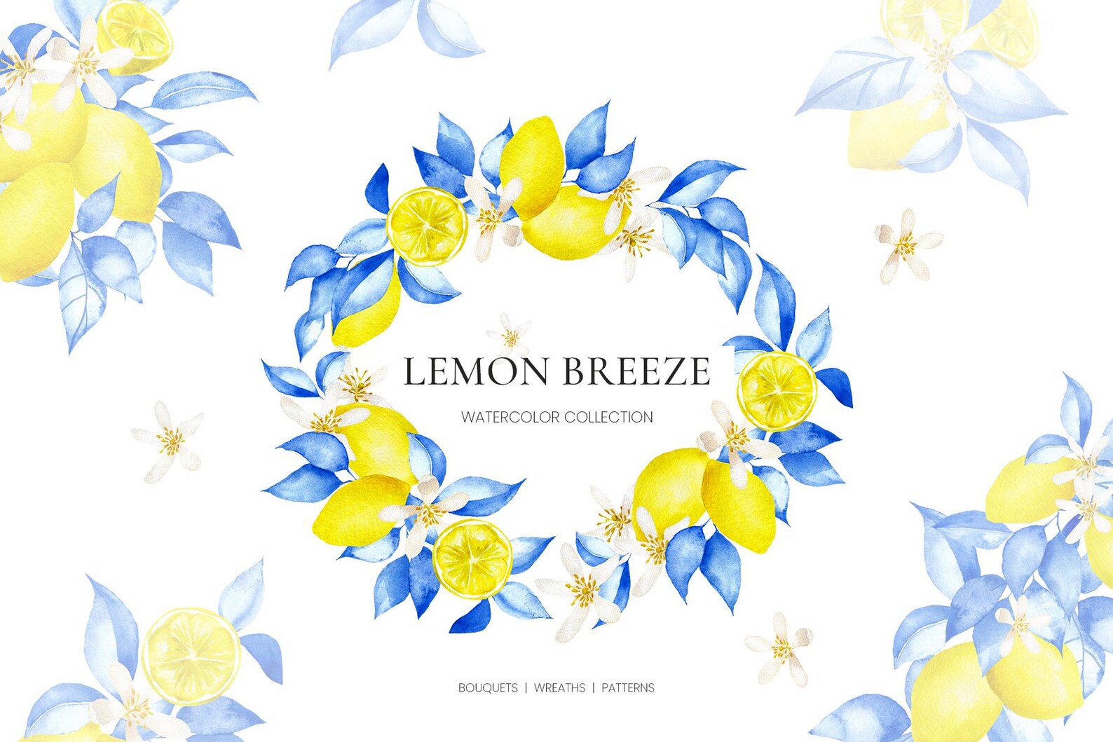 Lemon Watercolor Clipart - Lemon and Blue Leaves Clip Art Collection ...